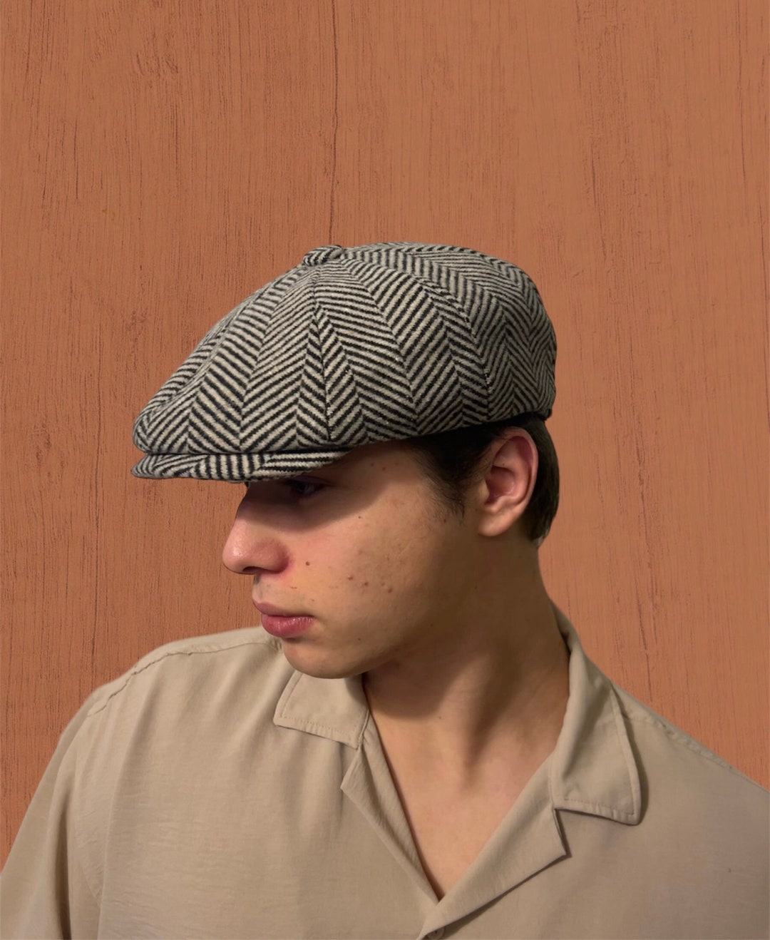 Black White Herringbone Cap, 8 Panels Cap, Newsboy Cap, Peaky Blinders ...