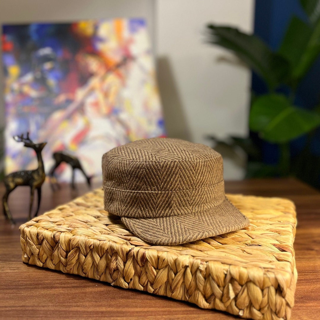 Brown Herringbone Cadet Cap,wool Army Style Hat,unisex Military Cap ...