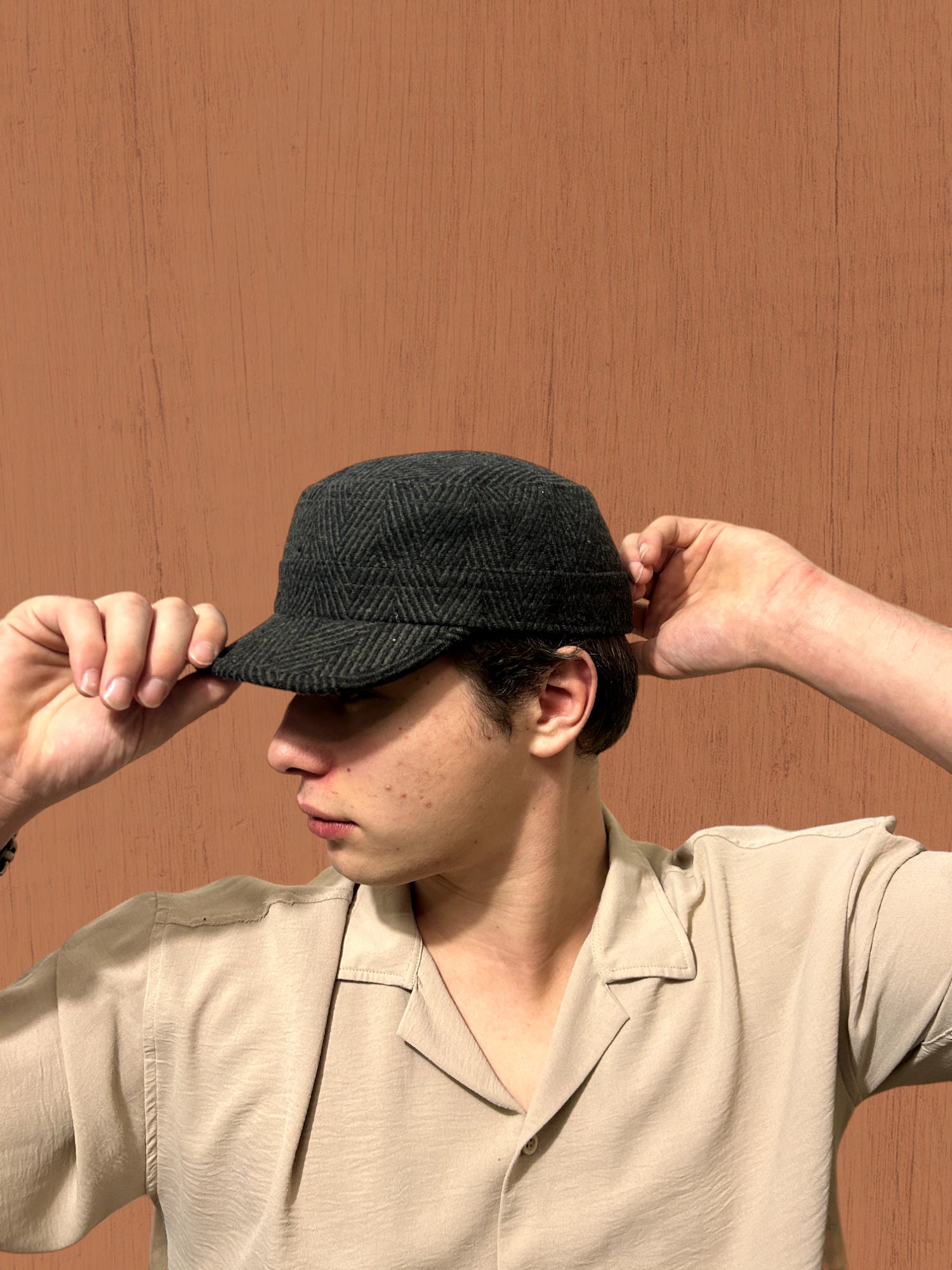 Green Herringbone Wool Cadet Cap Handmade Military Flat Hat for Men ...