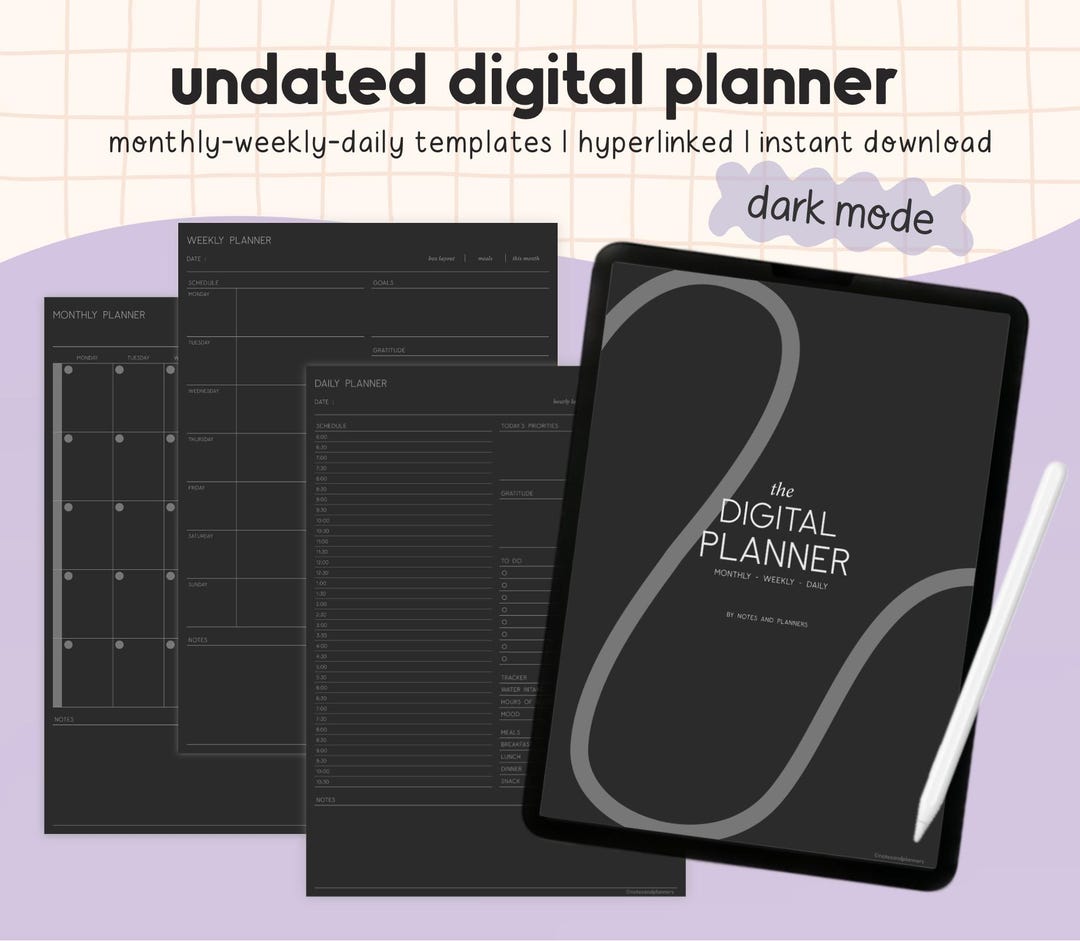 Undated Digital Planner DARK MODE | Monthly Weekly Daily Hyperlinked ...