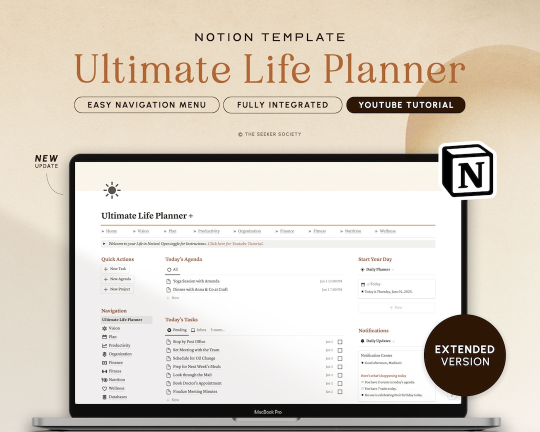Notion Template Extended Life Planner All in One Template Notion Dashboard, Ultimate Notion ...