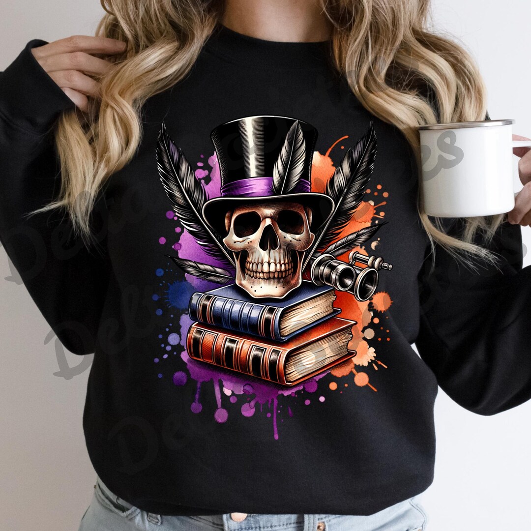 Skull Top Hat on Books, Fall PNG, Halloween PNG, Spooky Png, Autum ...