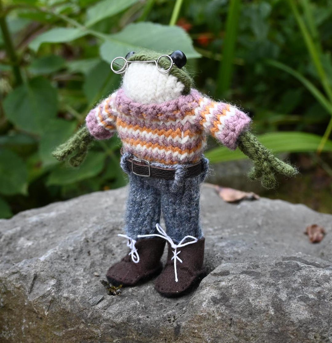 Hand-knit Frog With Striped Sweater, Jeans, Boots, and Glasses ...