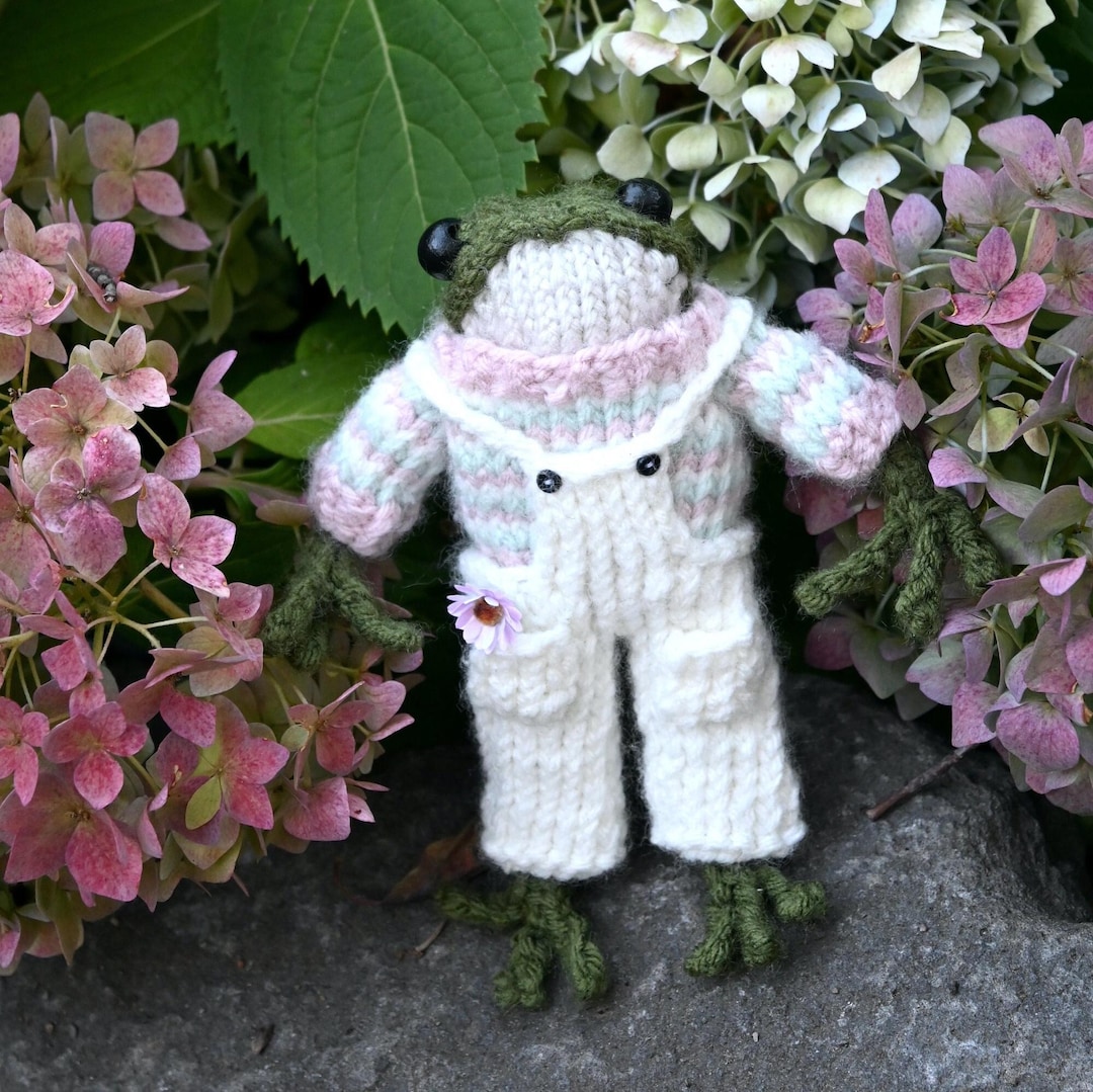 Hand-knit Frog With Striped Pastel Sweater and Overalls | Plushie | Toy ...