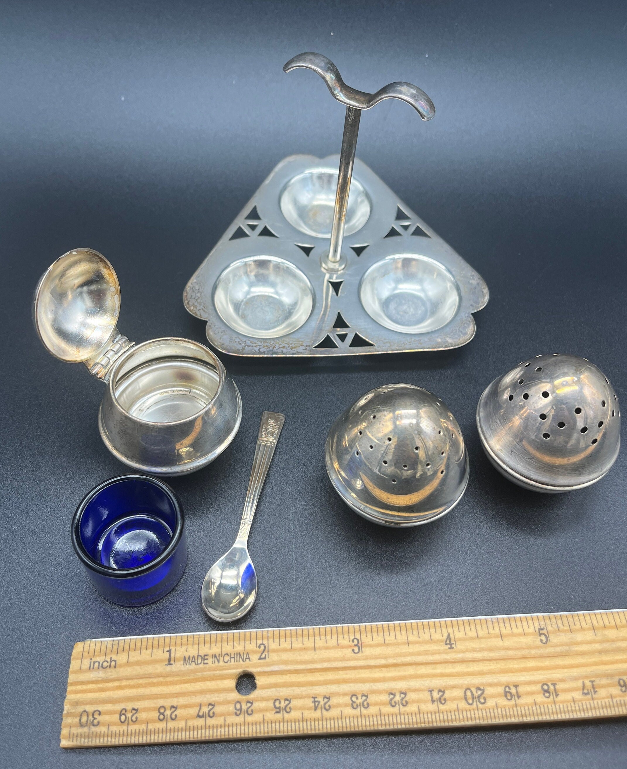 Art Deco 8 Piece Condiment Set Salt, Pepper, Mustard Cobalt Blue Glass ...