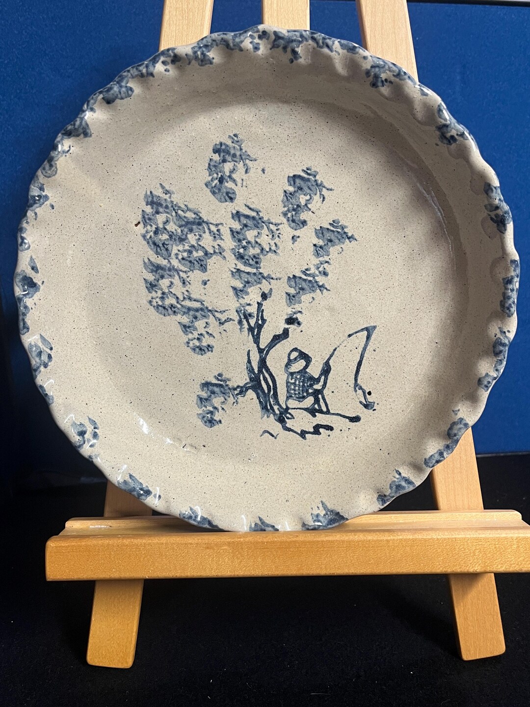 Vintage Bybee Pottery Kentucky Pie Plate, Blue Spongeware, With a ...