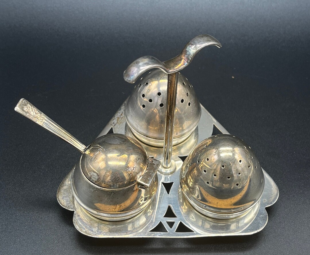 Art Deco 8 Piece Condiment Set Salt, Pepper, Mustard Cobalt Blue Glass ...