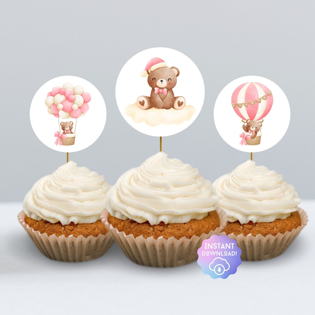 Pink Baby Shower Template, Pink Balloon Cupcake Topper, Teddy Bear ...