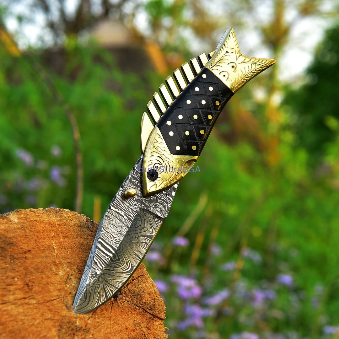 Pocket Knife Fish Damascus Folding Knife Custom Pocketknife Knife Best ...
