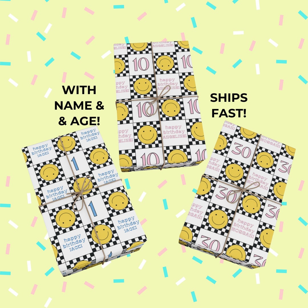 Personalized Birthday Wrapping Paper With Smiley Face, Checkered Gift ...