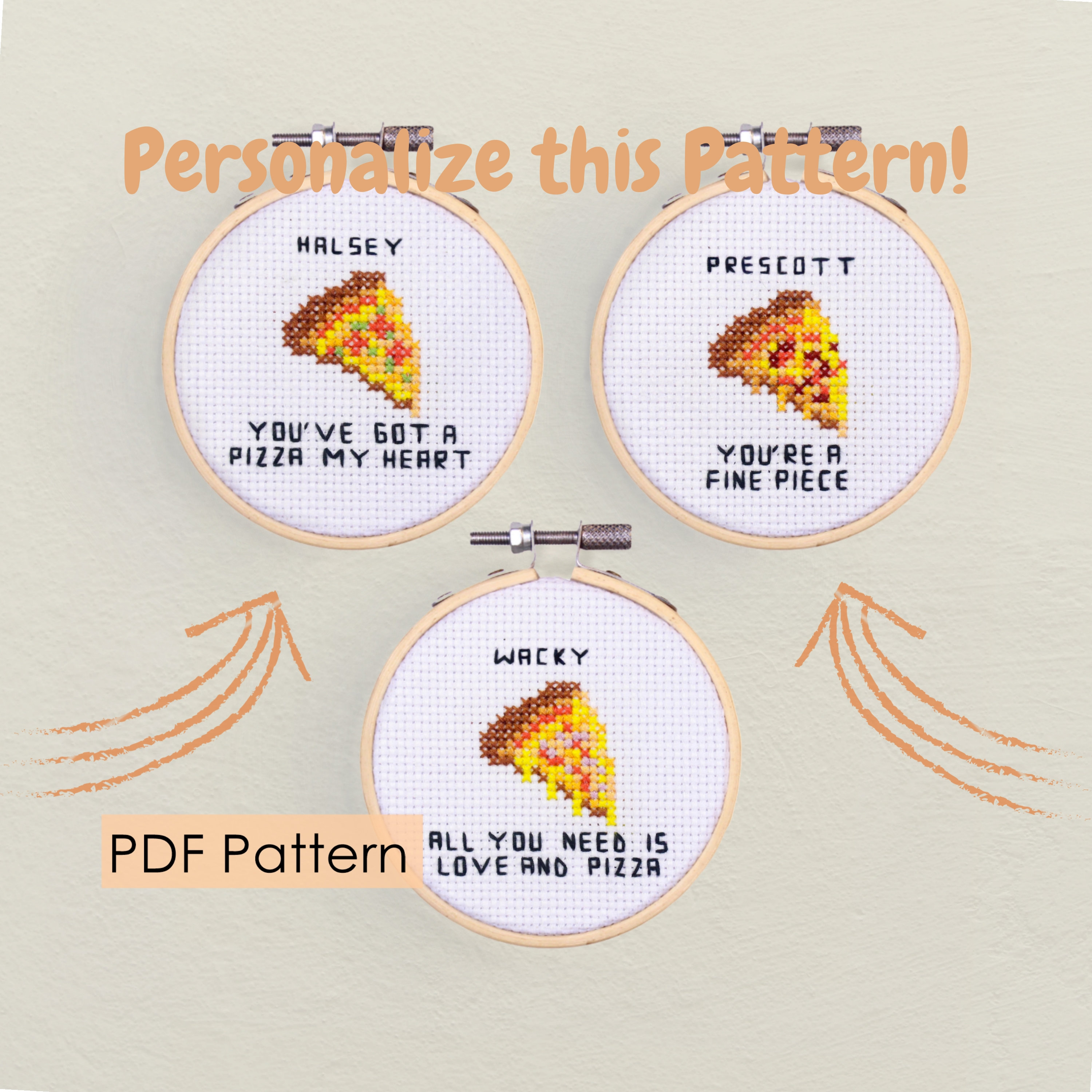 Pizza Cross Stitch Pattern Bundle Customized Name PDF Instant Download ...