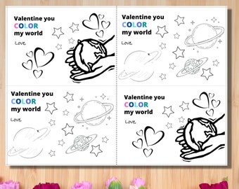 Printable Outer Space Coloring Valentine's Day Cards for School, Space ...