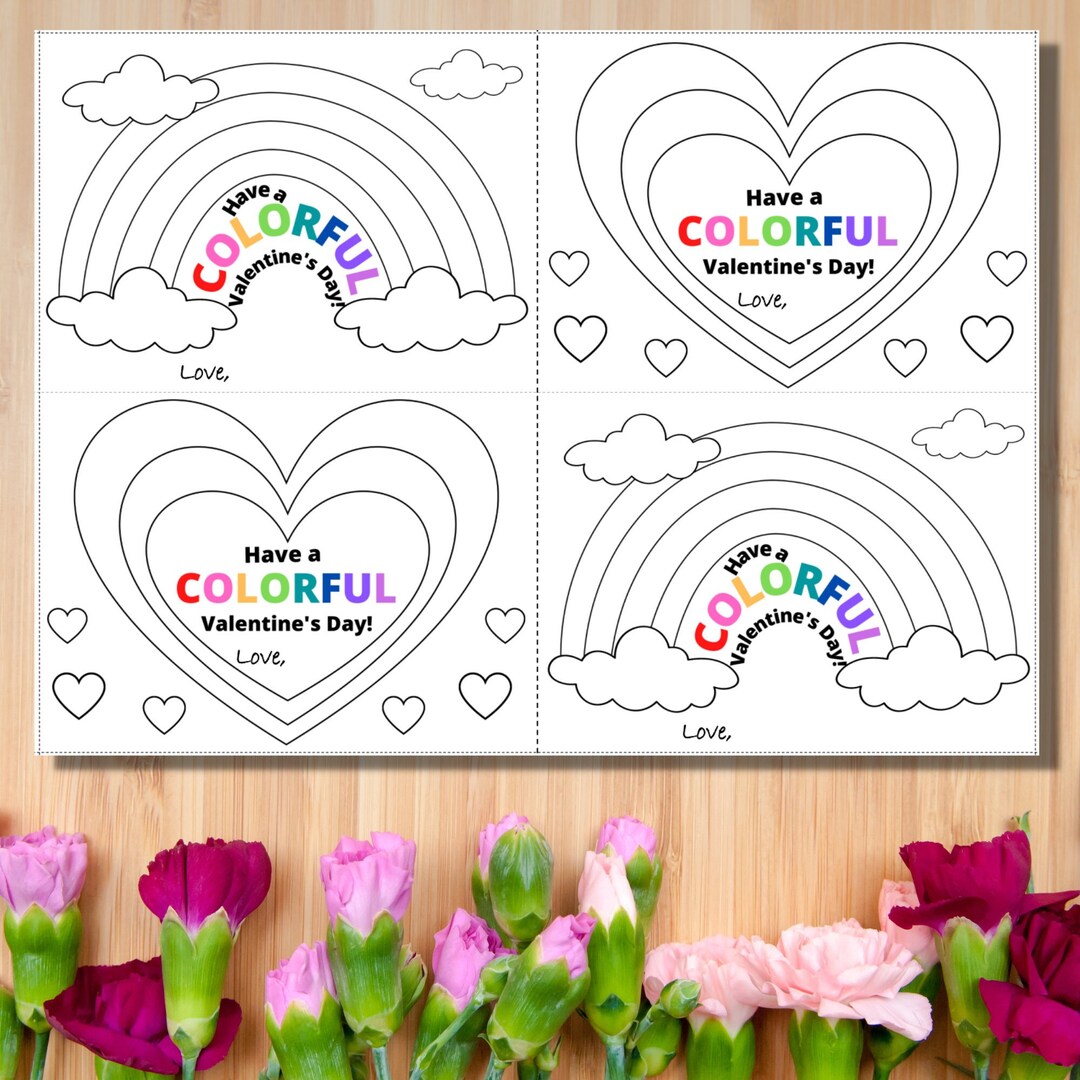 Kid's Valentine Cards,hearts and Rainbow Valentine Card,color Your Own ...