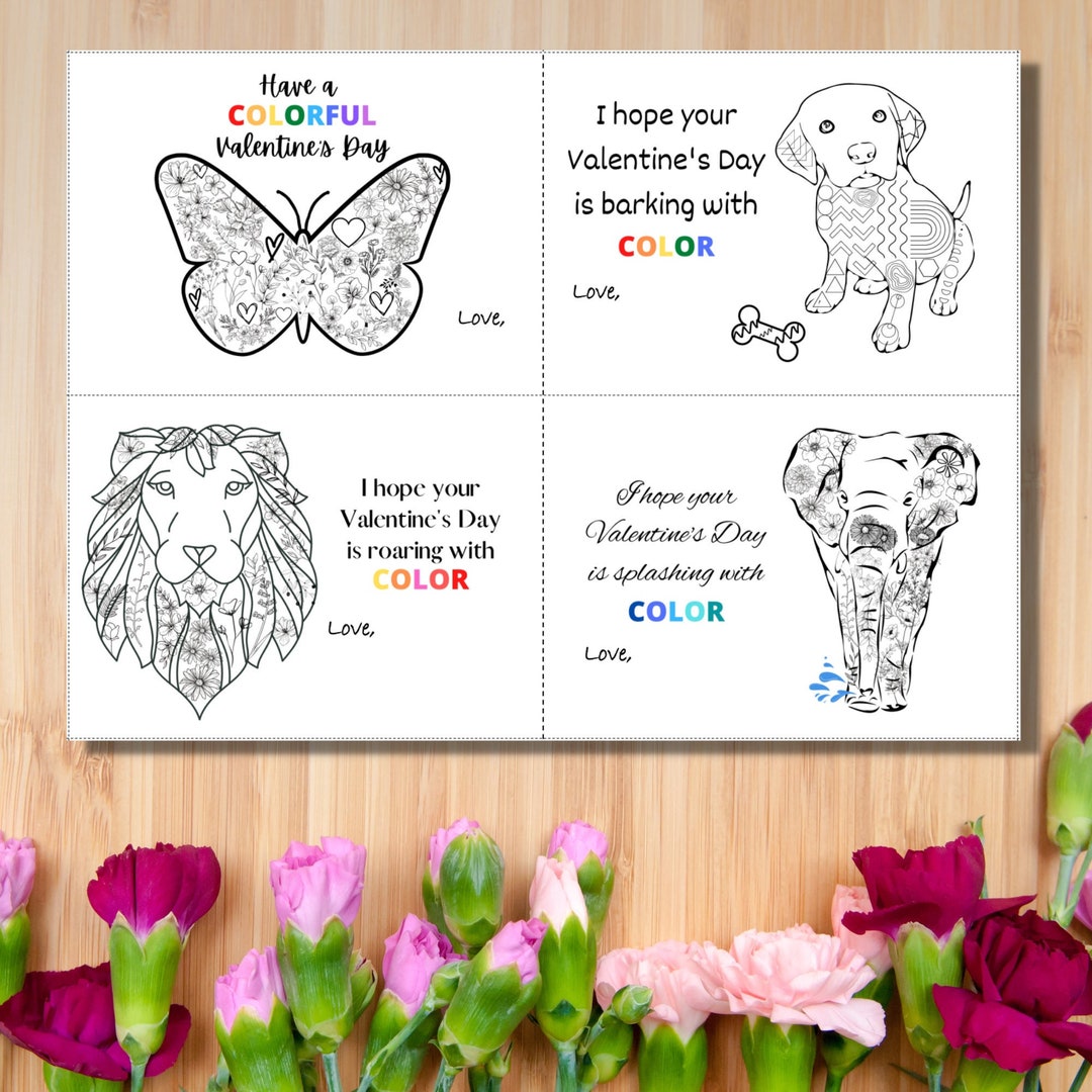 Kid's Valentine Cards,multiple Animal Valentine Card,color Your Own ...