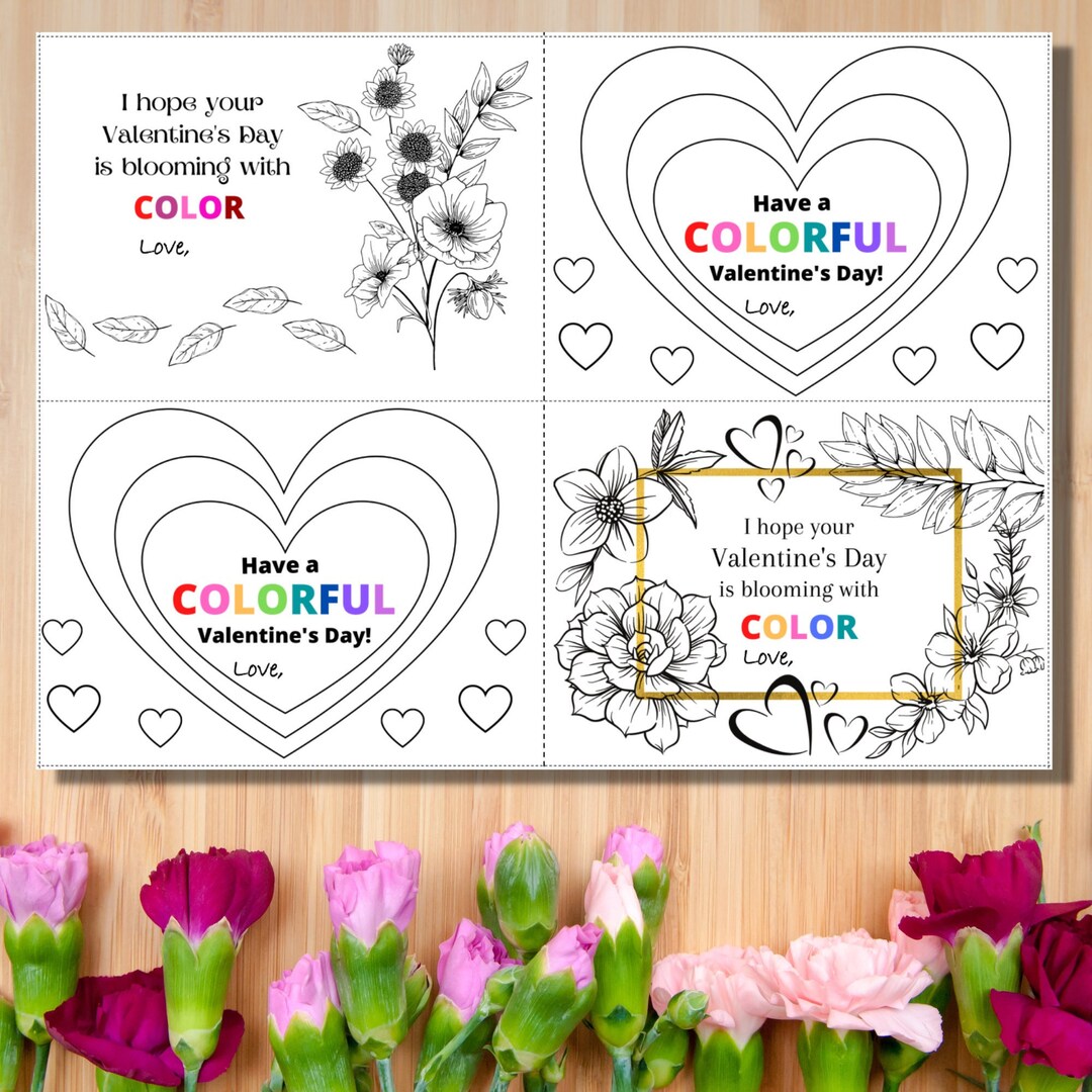 Hearts and Flowers Valentine Cards for Kids, Color Your Own Classroom ...