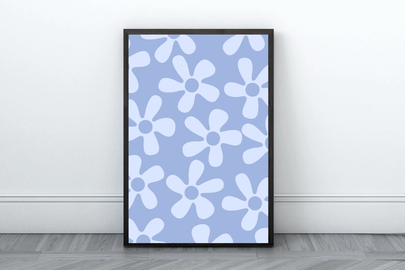 Preppy Blue Flower Wall Art, Aesthetic Wall Decor, Bedroom Decor ...