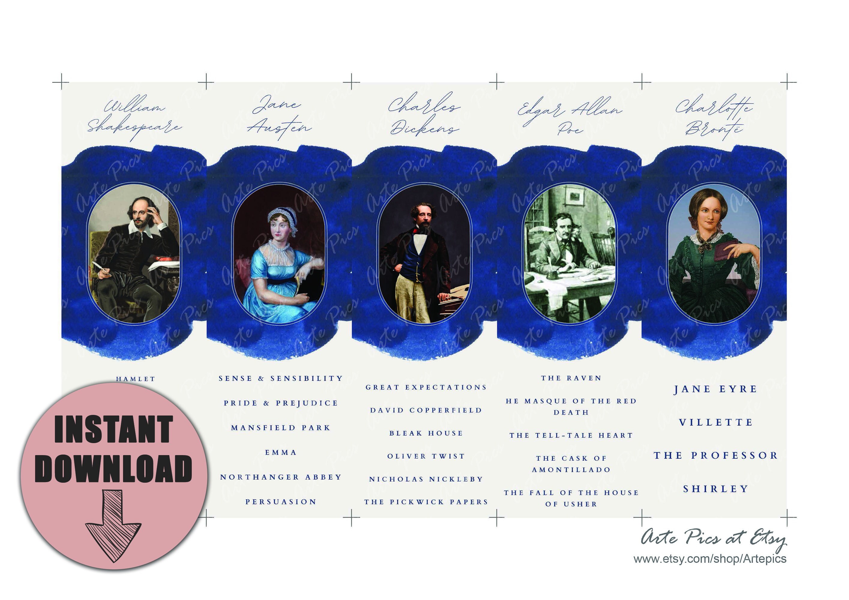 Vintage Printable Instant Download Bookmark Shakespeare Jane Austen ...