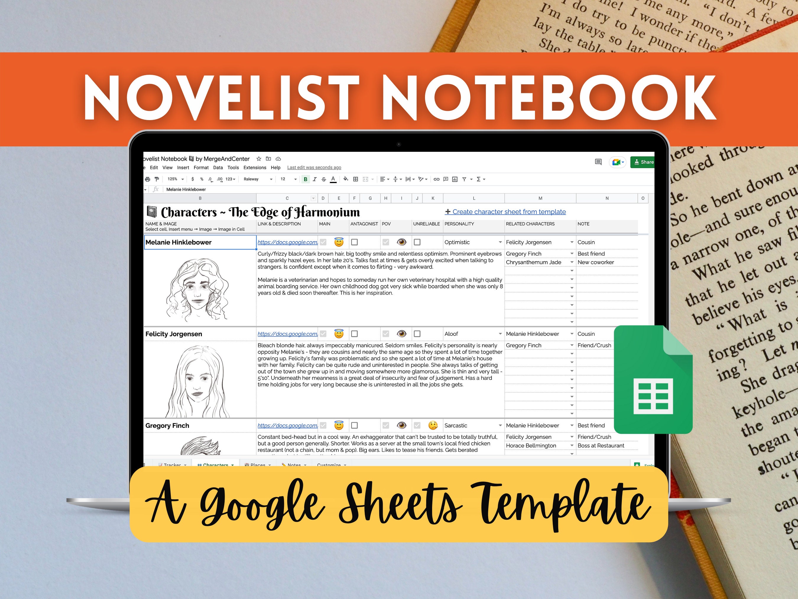 Novelist Notebook Google Sheets Template - Etsy