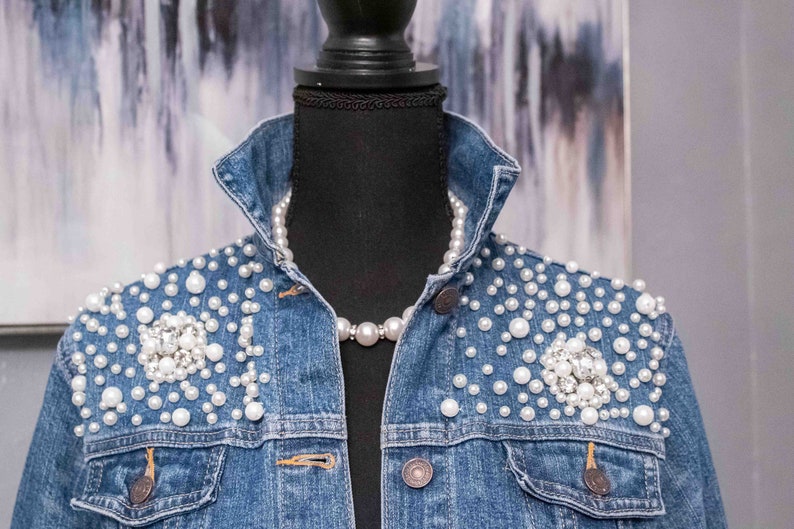 Pearl Denim Jacket With Crystal Rhinestones Boho Jacket Denim and ...
