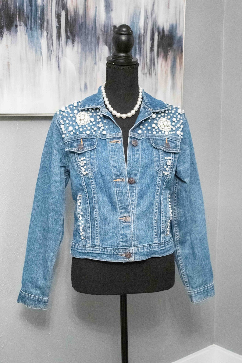 Pearl Denim Jacket With Crystal Rhinestones Boho Jacket Denim and ...