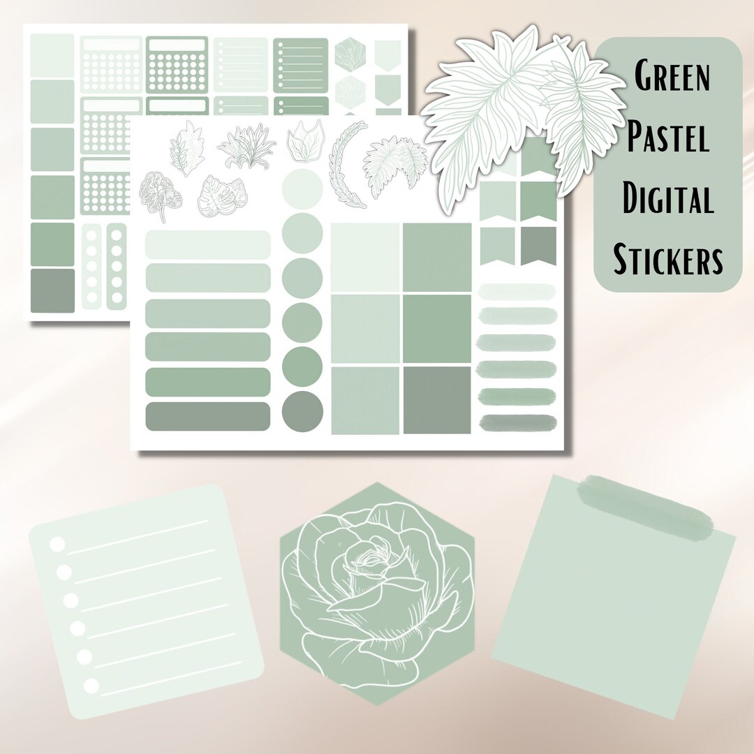 80 Green Pastel Floral Digital Stickers, Digital Sticky Notes ...