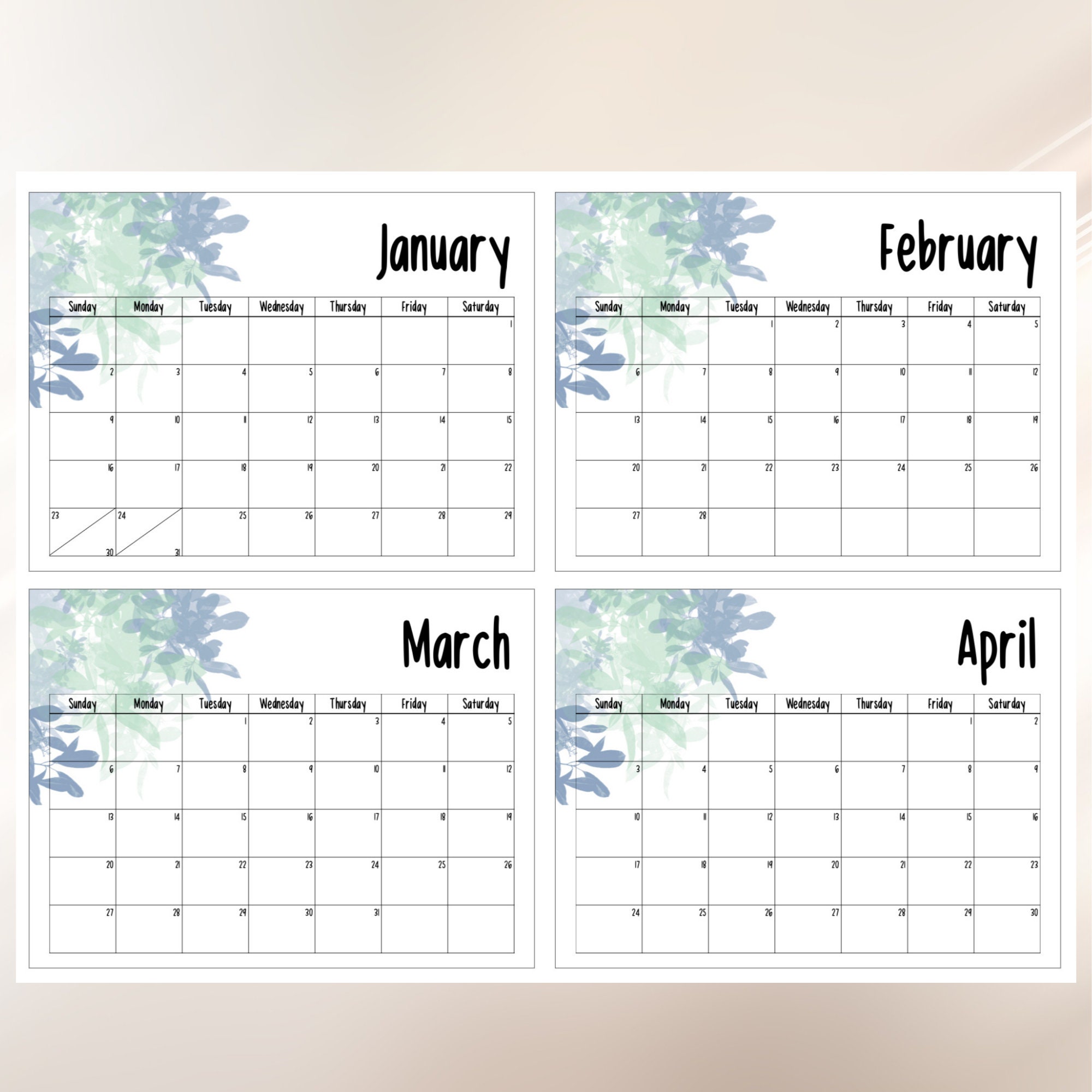 2022 Printable Monthly Calendar, US Letter Size, Blue Green Floral ...