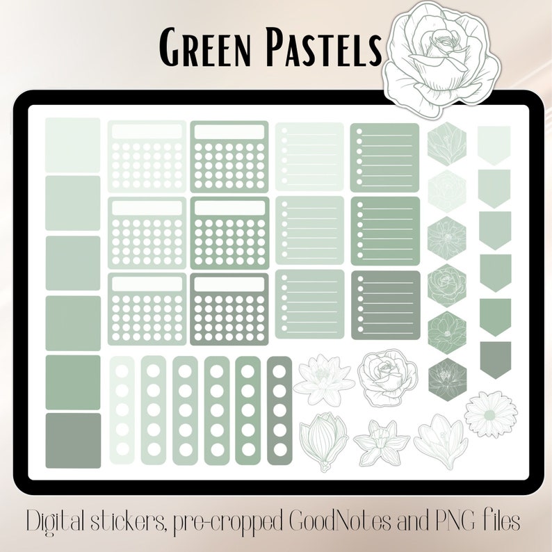 80 Green Pastel Floral Digital Stickers, Digital Sticky Notes ...
