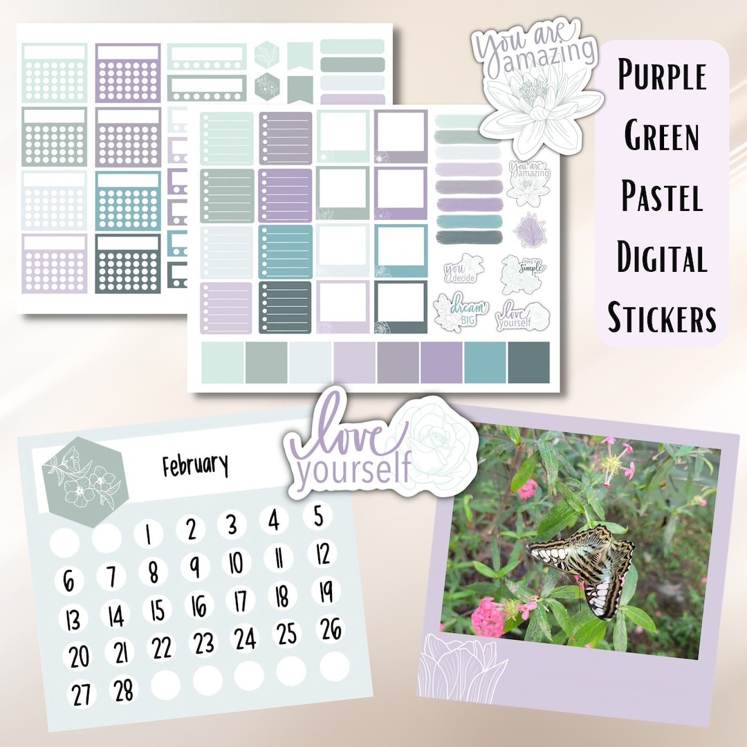 80+ Pastel Purple Green Floral Digital Stickers, Sticky Notes ...