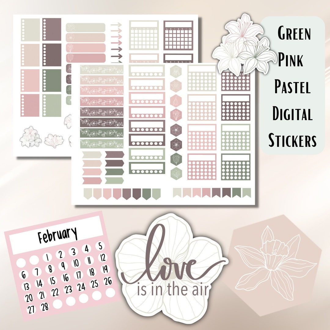 100+ Pastel Green Pink Neutral Floral Digital Stickers, Sticky Notes ...