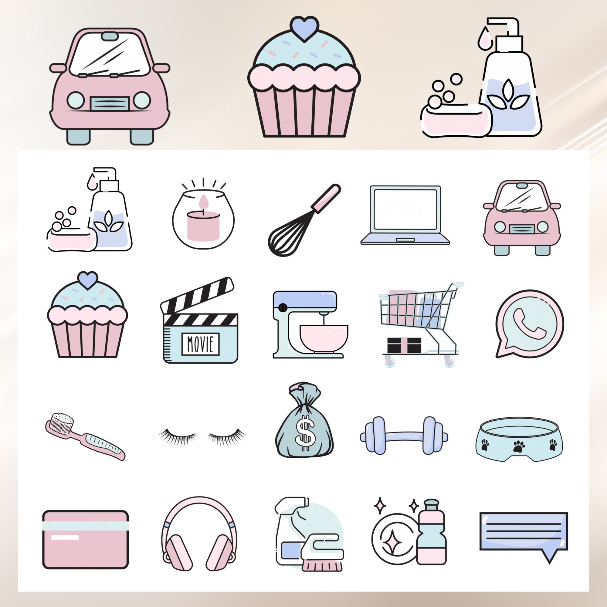 70 Sweet Pastel Icon Digital Stickers, Essential Icons, PNG, Goodnotes ...