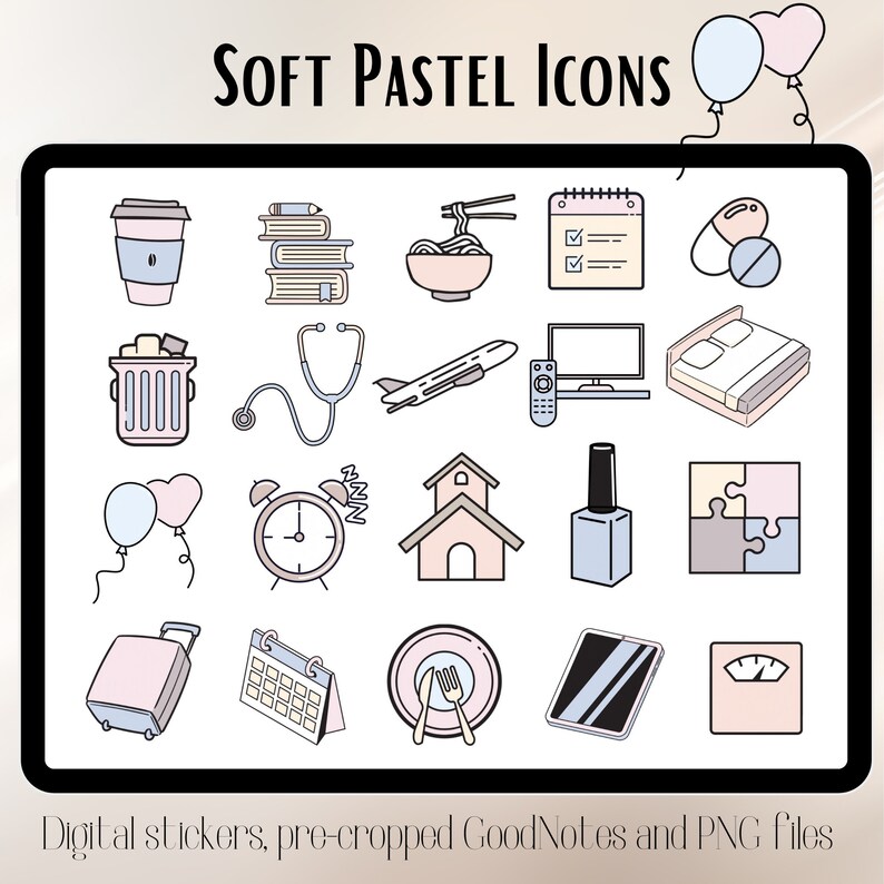 70+ Soft Pastel Icon Digital Stickers, Essential Icons, PNG, Goodnotes ...