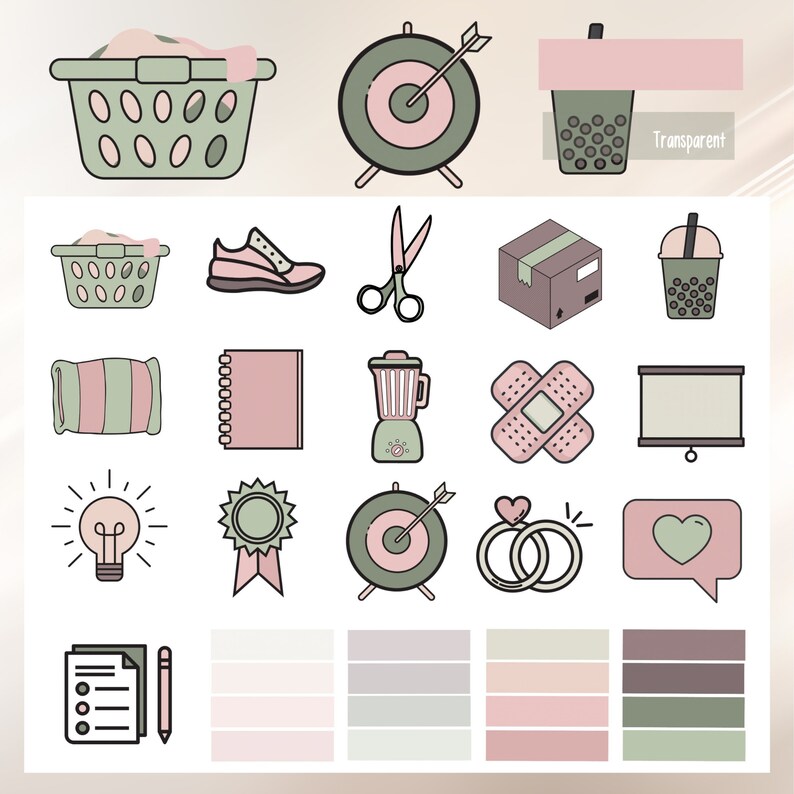 70+ Green Pink Pastel Icon Digital Stickers, Essential Icons, PNG ...