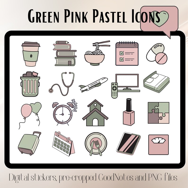 70+ Green Pink Pastel Icon Digital Stickers, Essential Icons, PNG ...