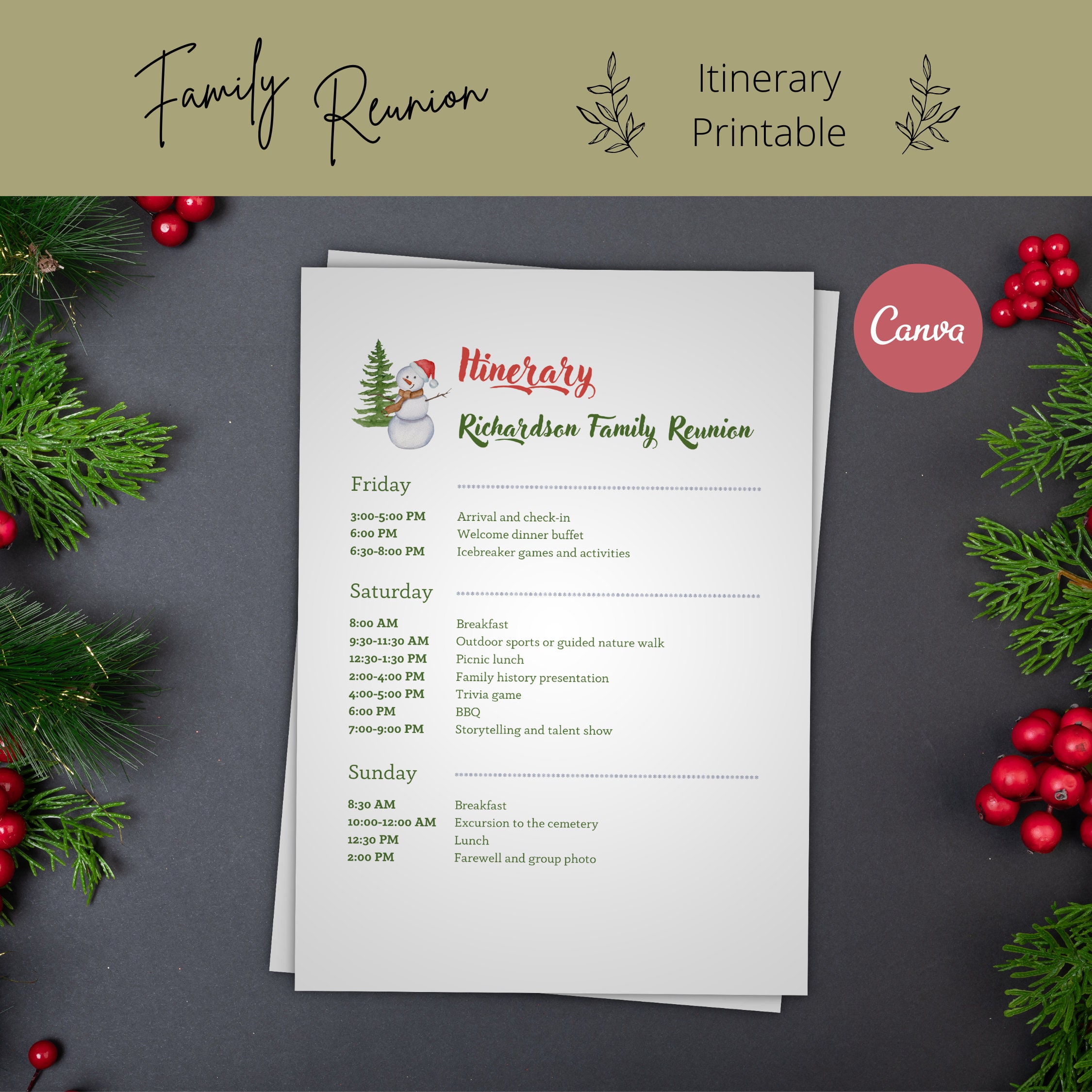 Family Reunion Itinerary Template, Winter Holiday Event Itinerary ...