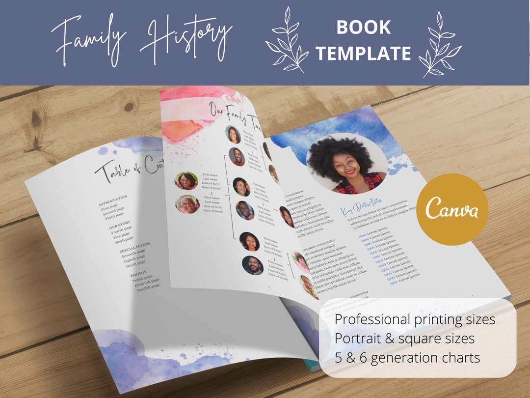 Family History Book Template Canva - Watercolor | Customizable Family ...