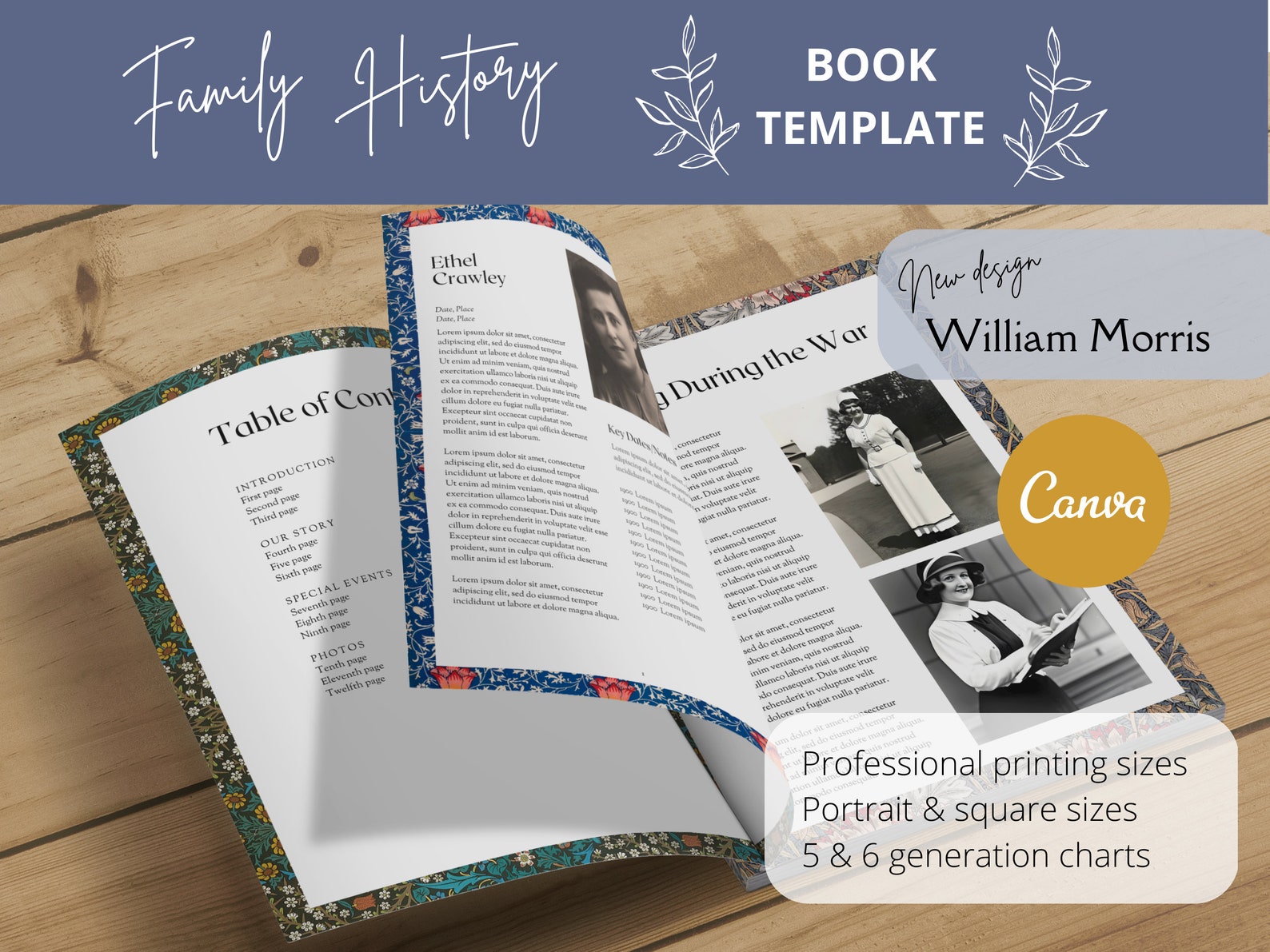 Family History Book Template Canva - William Morris | Customizable ...