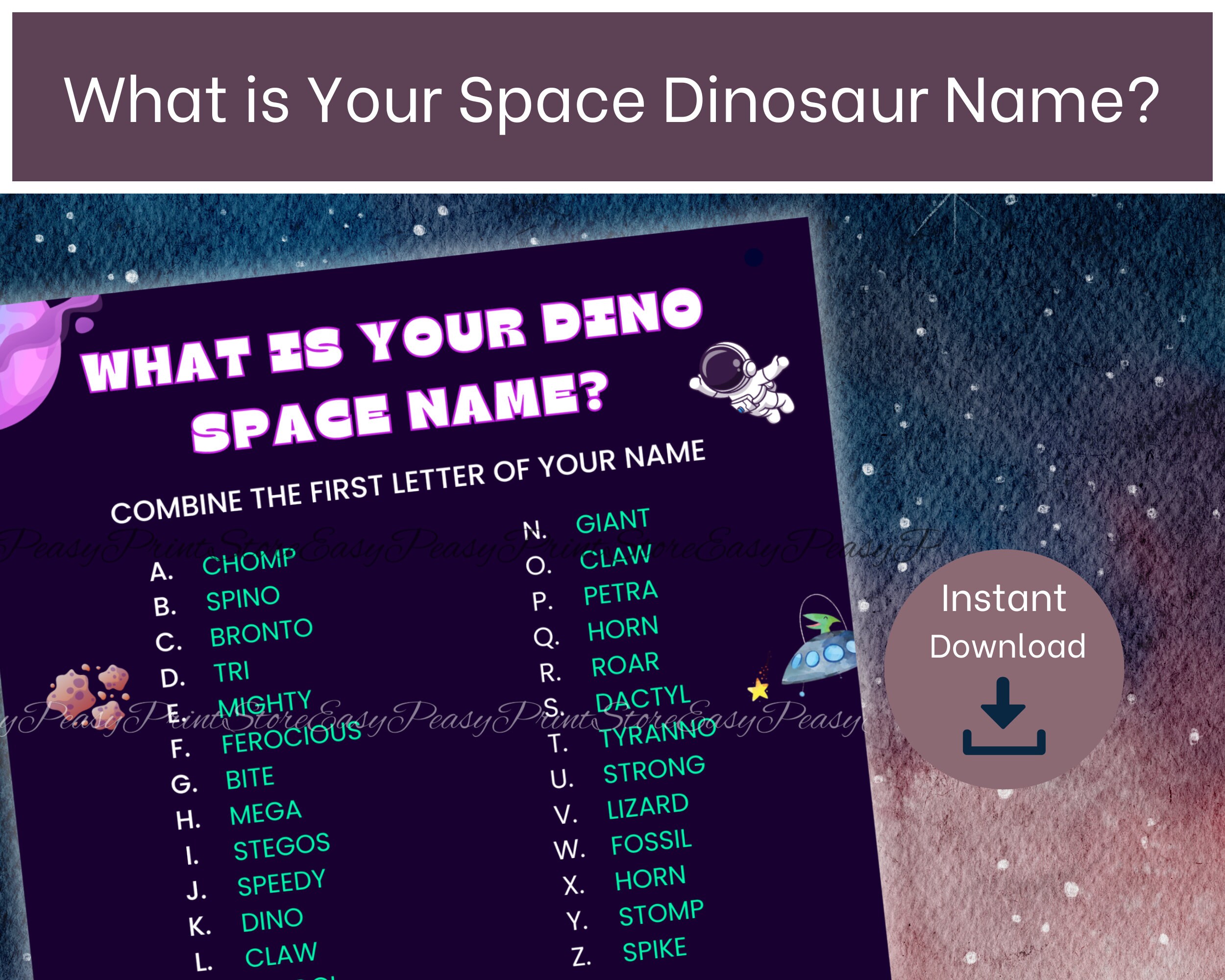 Space Dinosaur Name Generator Printable + Name Tags - Cosmic Party Fun ...