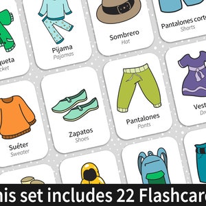 22 Spanish & English Bilingual Clothes Flashcard Printable Preschool ...