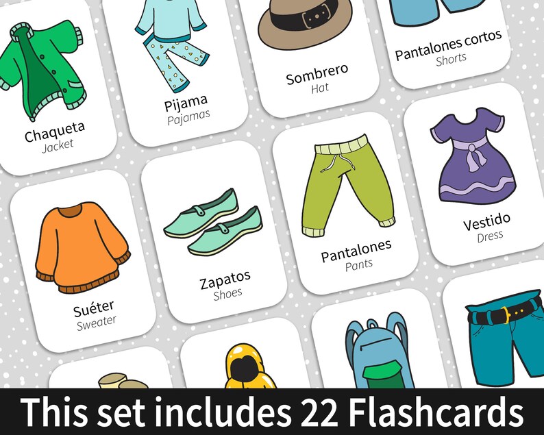 22 Spanish & English Bilingual Clothes Flashcard Printable - Etsy