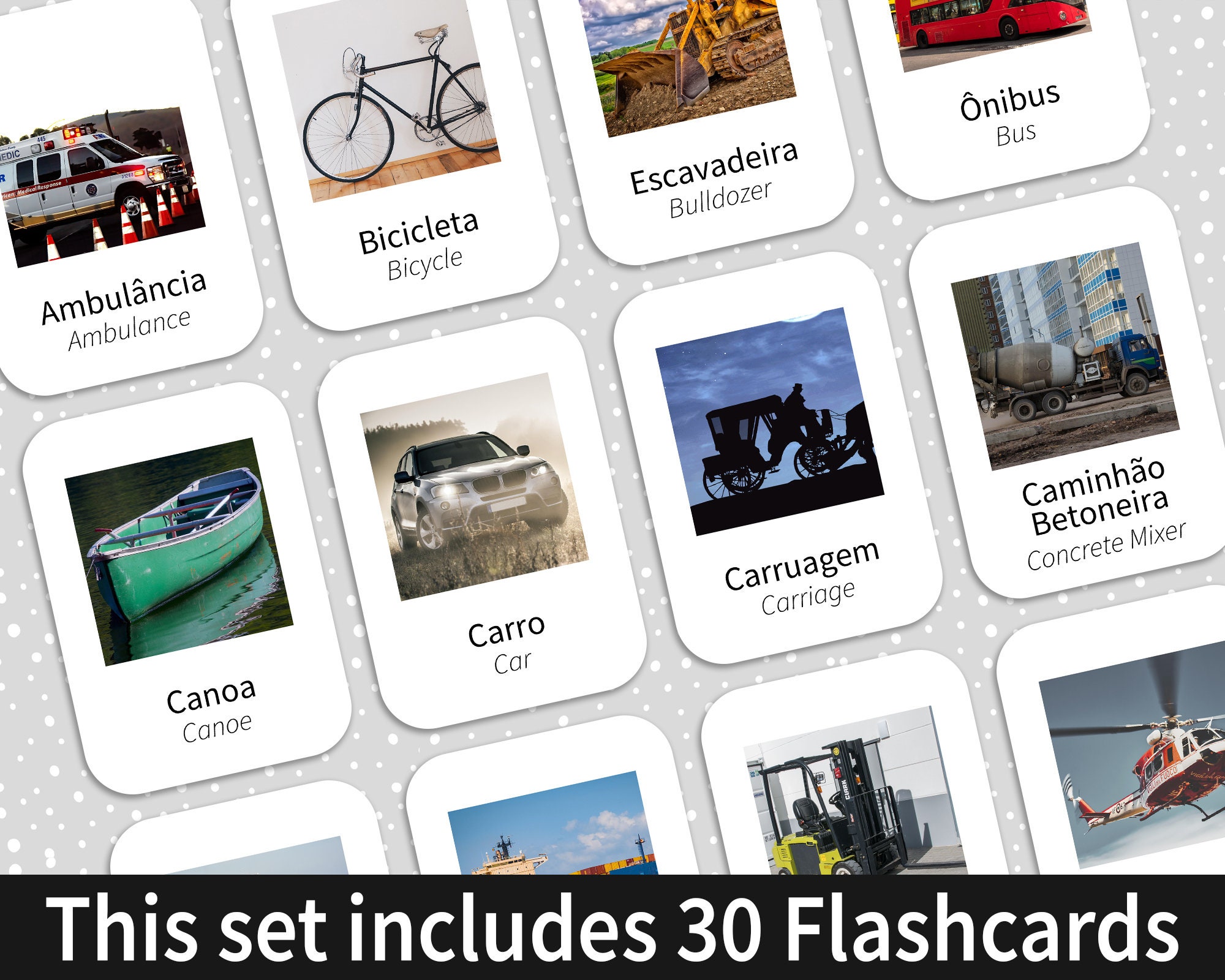 30 Portuguese & English Vehicles Brazil Flashcard Printable Cars, Boats ...