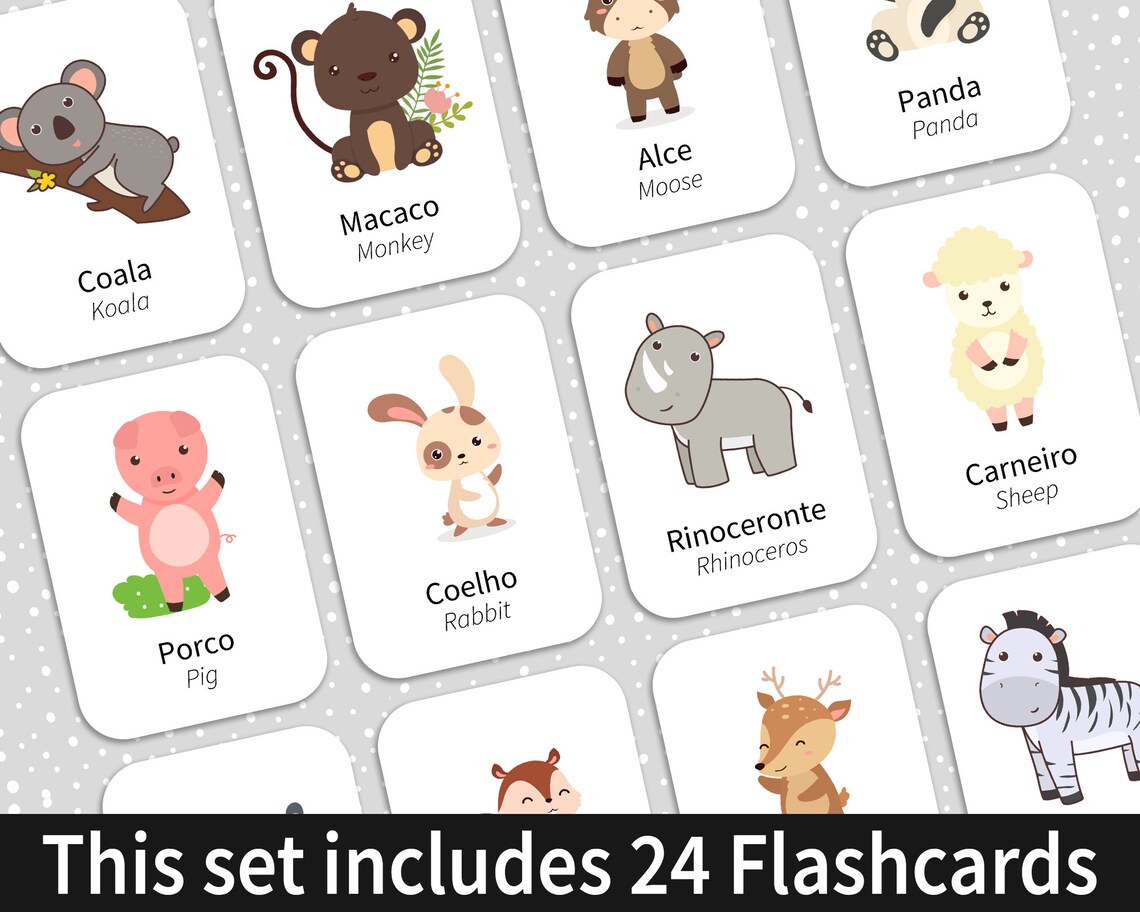 24 Portuguese & English Animals Flashcards Printable Brazil - Etsy