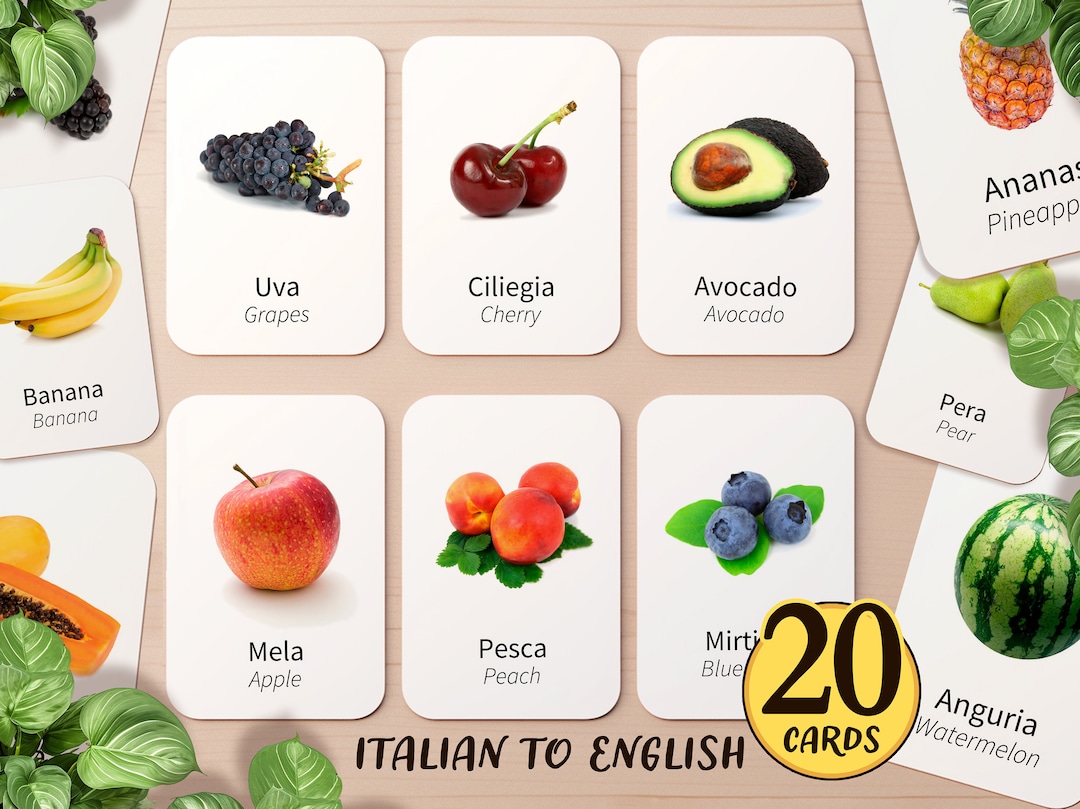 20 Italian & English Bilingual Fruit Flashcard Printable Italian ...