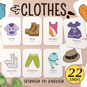 22 Spanish & English Bilingual Clothes Flashcard Printable Preschool ...