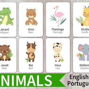 24 Portuguese & English Animals Flashcards Printable Brazil - Etsy
