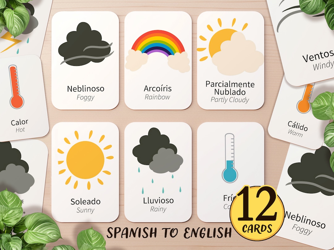 12 Spanish & English Weather Bilingual Flashcard Printable Editable ...