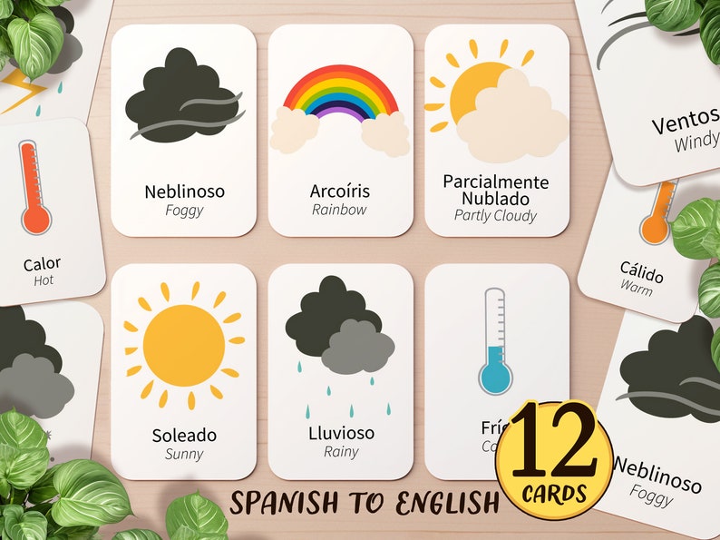 12 Spanish & English Weather Bilingual Flashcard Printable | Editable ...