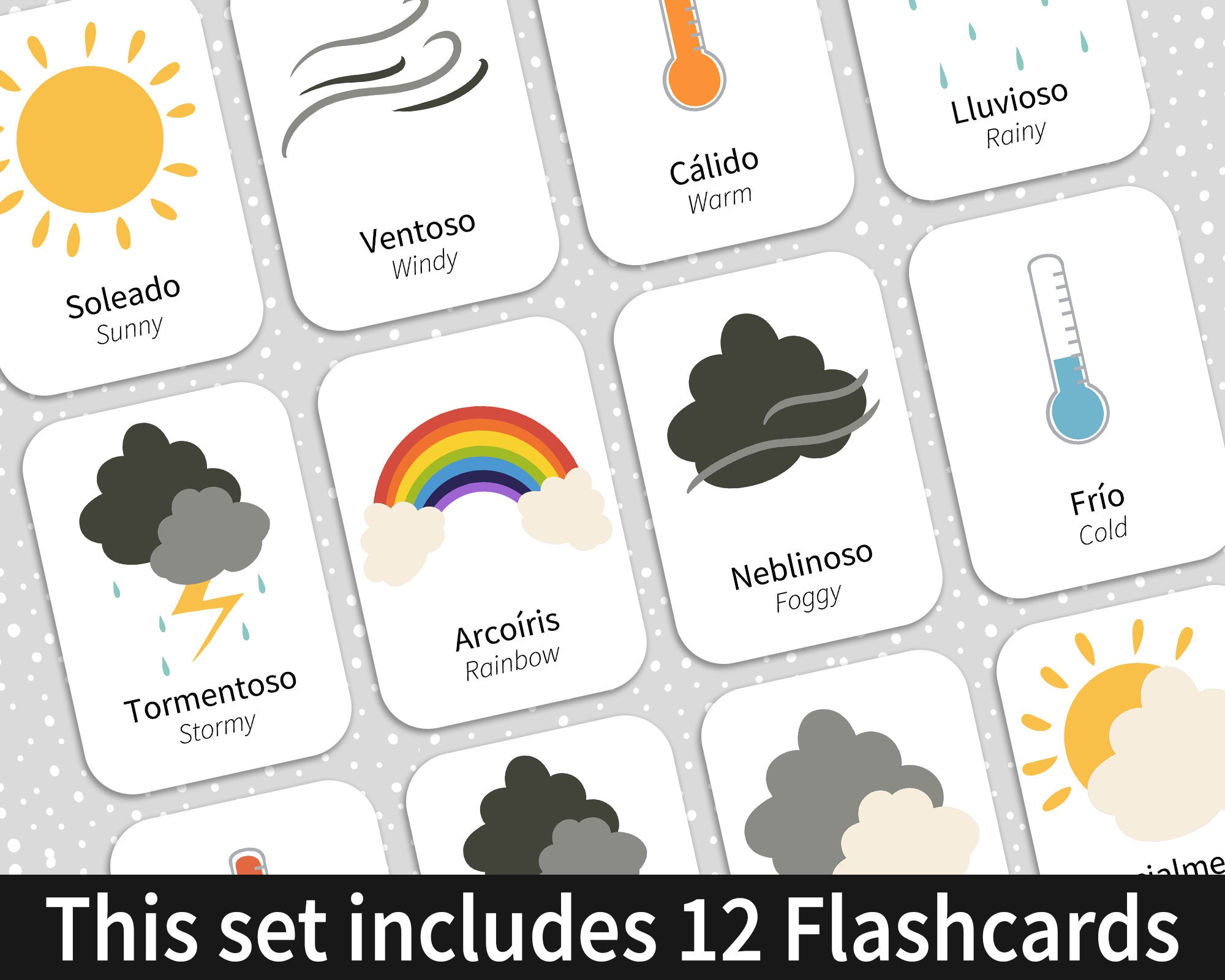 12 Spanish & English Weather Bilingual Flashcard Printable | Editable ...