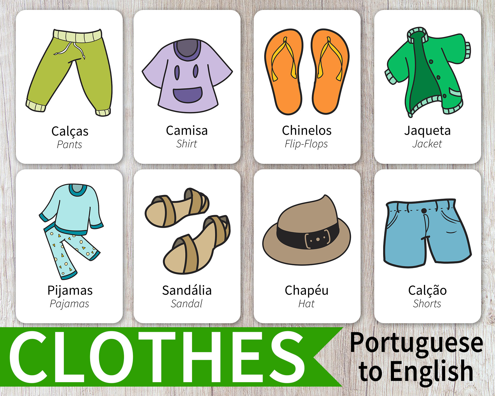 22 Portuguese & English Clothes Flashcard Printable - Etsy