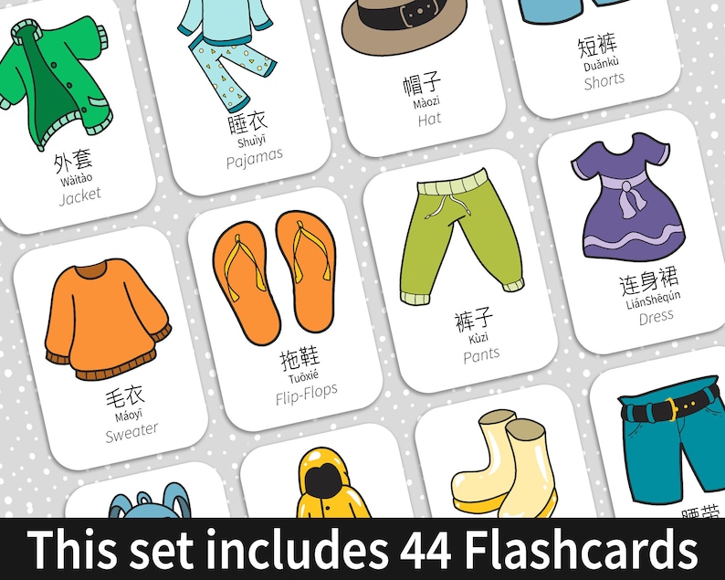 Clothes in Mandarin Chinese & English: 44 Bilingual Flashcards for Kids ...