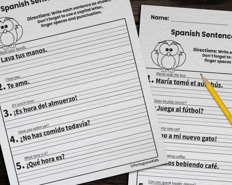 10 Spanish Sentence Practice Worksheets for Kids Printable - Etsy
